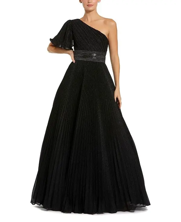 Mac Duggal Pleated Shimmering Georgette One Shoulder Gown - Black