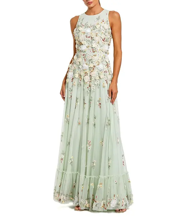 Mac Duggal Floral Embellished High Neck Gown - Sage Multi