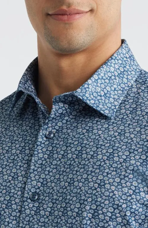 Bugatchi Miles Ooohcotton® Floral Print Short Sleeve Button-up Shirt - Navy