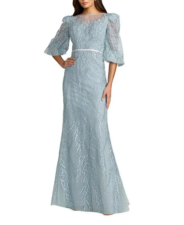 Mac Duggal Embroidered Beaded Boat Neck Gown - Ice Blue