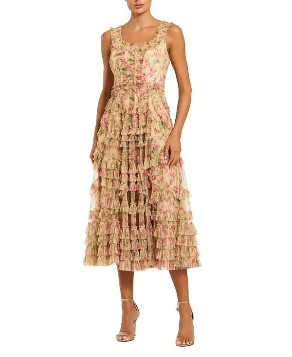 Mac Duggal Floral Printed Sleeveless Ruffled Midi Dress