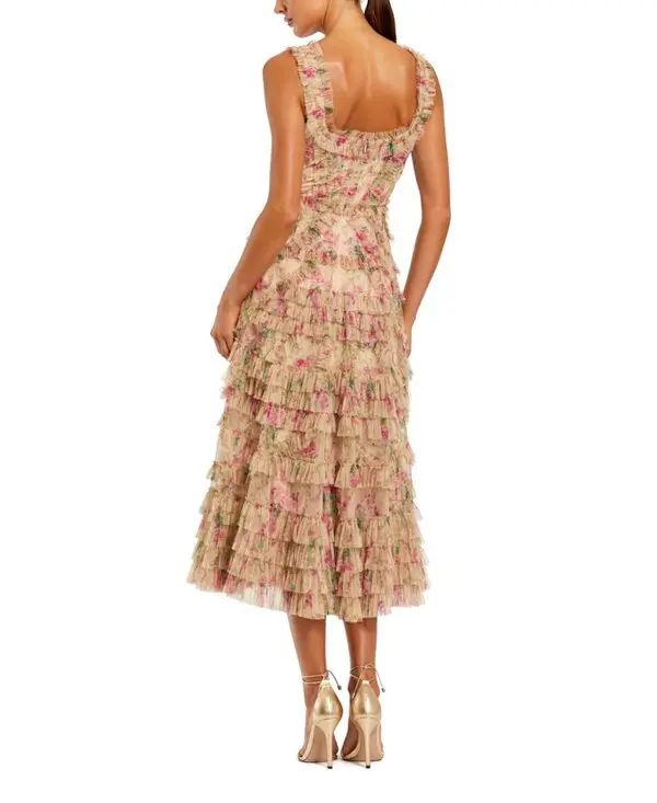 Mac Duggal Floral Printed Sleeveless Ruffled Midi Dress