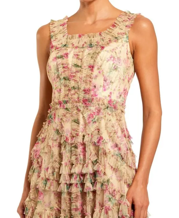 Mac Duggal Floral Printed Sleeveless Ruffled Midi Dress