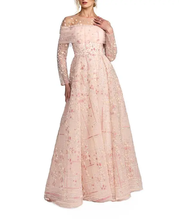 Mac Duggal Illusion Neck Long Sleeve Embroidered Ballgown - Rose
