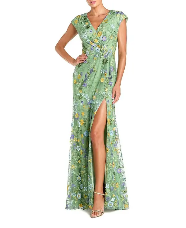 Mac Duggal Faux Wrap Embroidered Cap Sleeve Gown - Sage