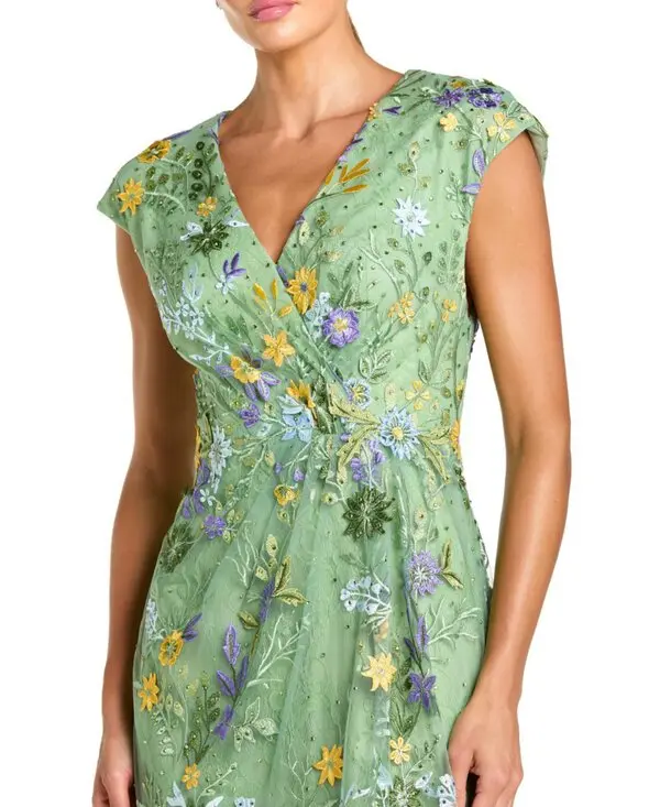 Mac Duggal Faux Wrap Embroidered Cap Sleeve Gown - Sage