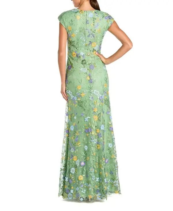 Mac Duggal Faux Wrap Embroidered Cap Sleeve Gown - Sage