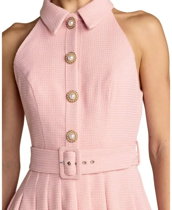 Mac Duggal Pleated A-line Mini Dress With Pearl Button Detail - Blush