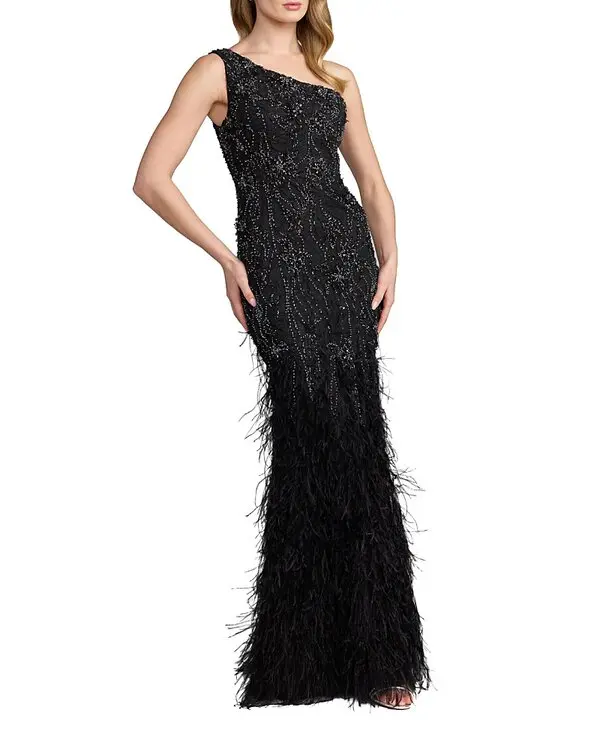 Mac Duggal Embellished One Shoulder Feather Gown - Black