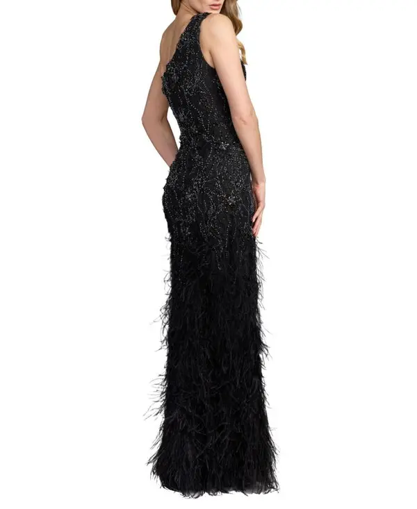 Mac Duggal Embellished One Shoulder Feather Gown - Black