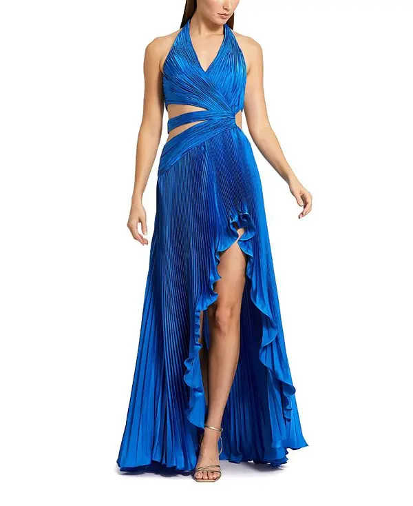 Mac Duggal Halter Neck Pleated Charmeuse Gown With Cut Out - Cobalt