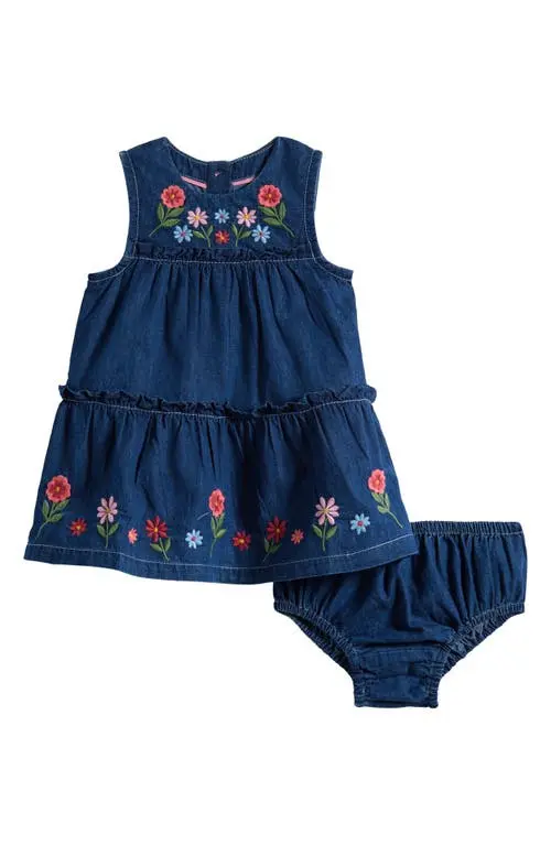 Boden Tiered Ruffle Trim Denim Dress & Bloomers Set - Chambray Embroidery