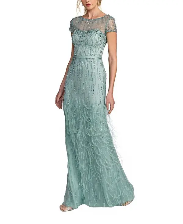 Mac Duggal Embellished Net Feather Gown - Seafoam