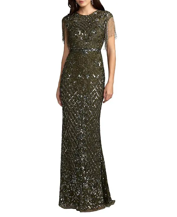 Mac Duggal Petite Beaded Fringe High-neck Fitted Evening Gown - Olive