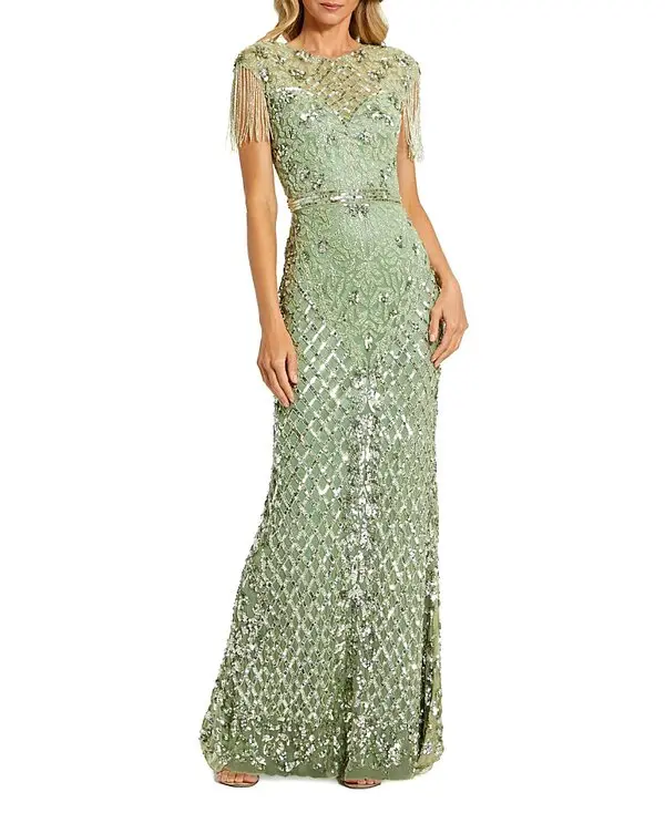 Mac Duggal Petite Beaded Fringe High-neck Fitted Evening Gown - Sage