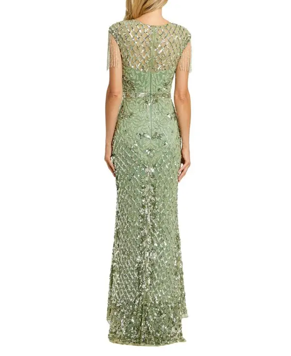Mac Duggal Petite Beaded Fringe High-neck Fitted Evening Gown - Sage