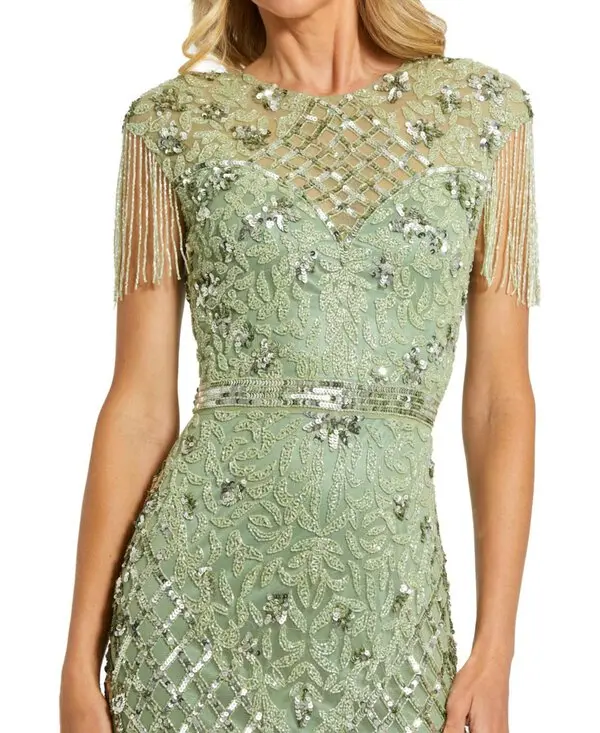 Mac Duggal Petite Beaded Fringe High-neck Fitted Evening Gown - Sage