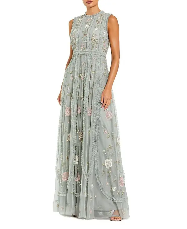 Mac Duggal Floral Mesh A-line Gown - Sage Multi