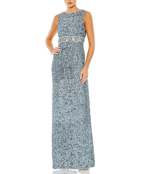 Mac Duggal Sequined Embellished Neckline Gown - Slate Blue