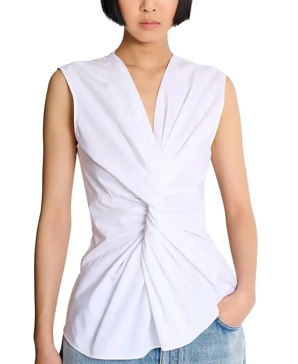 Balmain Draped Sleeveless Cotton Poplin Shirt - White