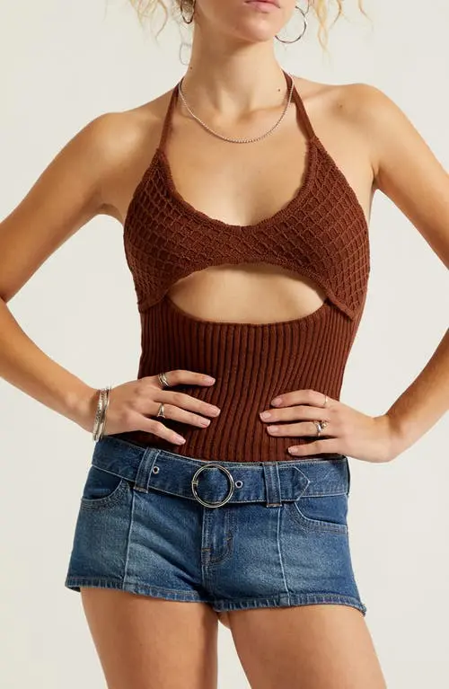 PACSUN Knit Halter Neck Crop Tank - Brown