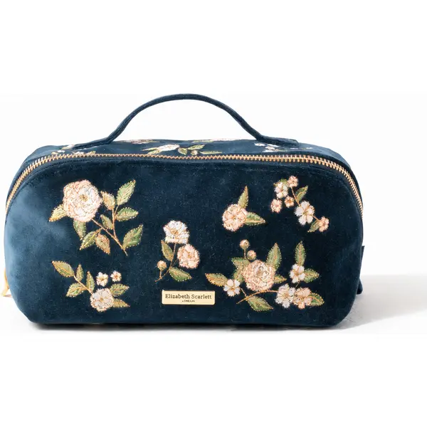 ELIZABETH SCARLETT Wild Rose Velvet Open Flat Makeup Bag - Ink Blue