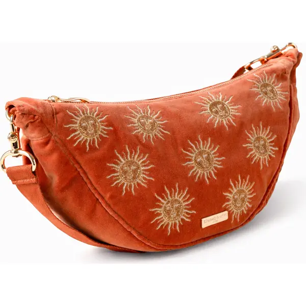 ELIZABETH SCARLETT Velvet Crossbody With Embroidered Sun Design - Rust