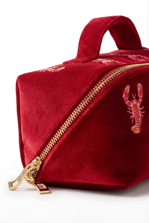 ELIZABETH SCARLETT Lobster Embroidered Open Flat Makeup Bag - Red
