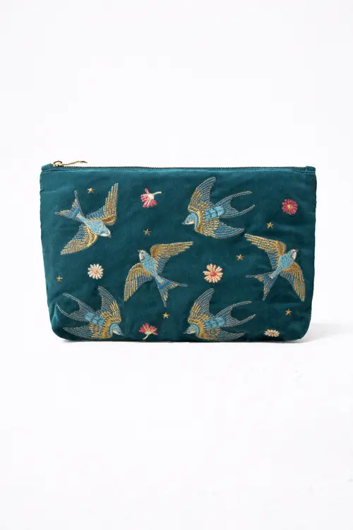 ELIZABETH SCARLETT Swallows Velvet Pouch - Rich Blue