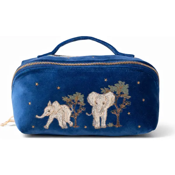 ELIZABETH SCARLETT Baby Elephant Conservation Velvet Open Flat Makeup Bag - Navy
