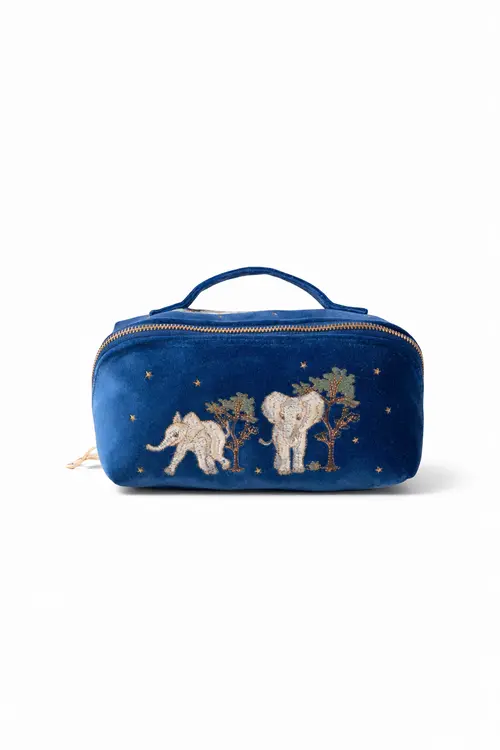 ELIZABETH SCARLETT Baby Elephant Conservation Velvet Open Flat Makeup Bag - Navy