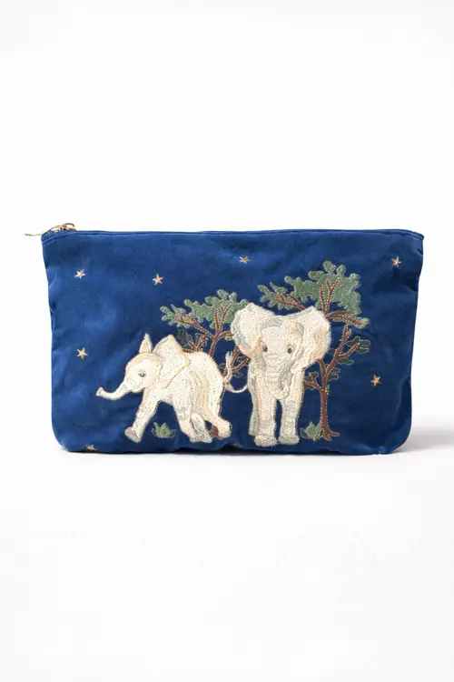 ELIZABETH SCARLETT Baby Elephant Conservation Velvet Everyday Pouch - Navy