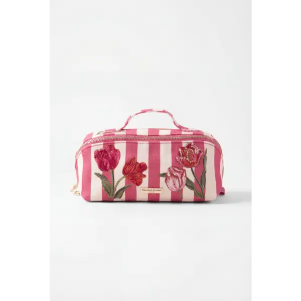 ELIZABETH SCARLETT Tulip Stripe Cotton Open Flat Makeup Bag - Pink