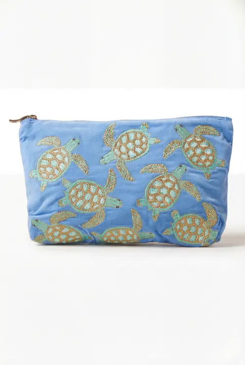 ELIZABETH SCARLETT Turtle Conservation Velvet Everyday Pouch - Caribbean Blue