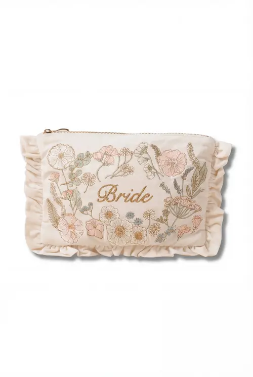 ELIZABETH SCARLETT Pressed Flowers Bride Velvet Frill Pouch - Cream