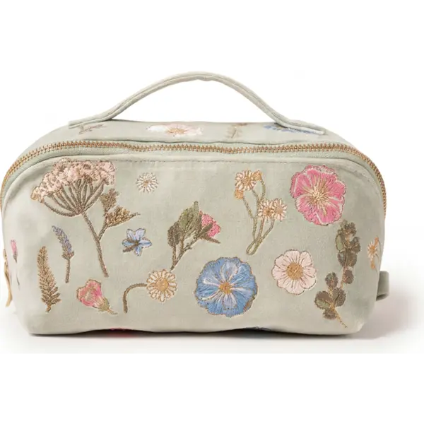 ELIZABETH SCARLETT Pressed Flowers Velvet Open Flat Makeup Bag - Sage