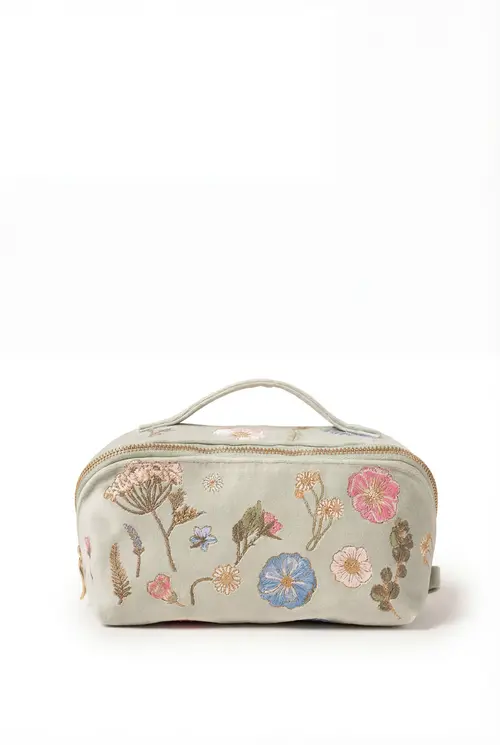ELIZABETH SCARLETT Pressed Flowers Velvet Makeup Bag - Sage