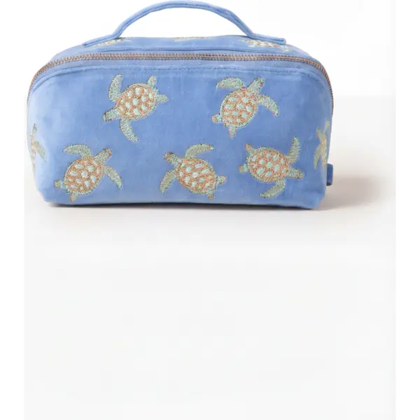 ELIZABETH SCARLETT Turtle Conservation Velvet Open Flat Makeup Bag - Caribbean Blue