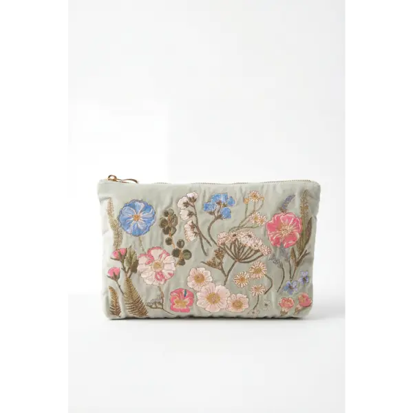 ELIZABETH SCARLETT Pressed Flowers Velvet Everyday Pouch - Sage