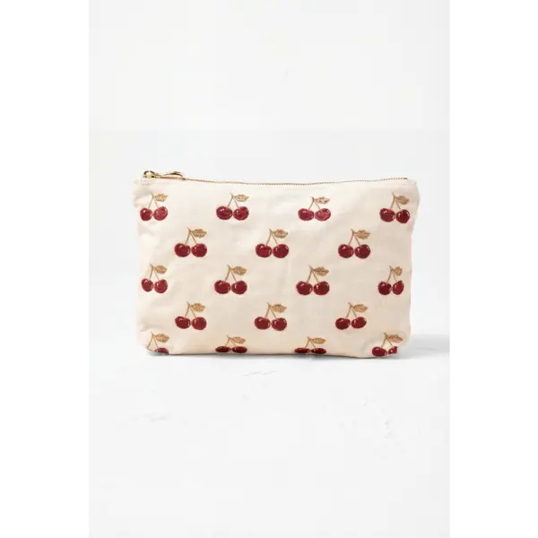 ELIZABETH SCARLETT Cherries Velvet Everyday Pouch - Cream