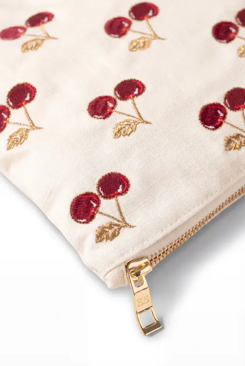 ELIZABETH SCARLETT Cherries Velvet Everyday Pouch - Cream