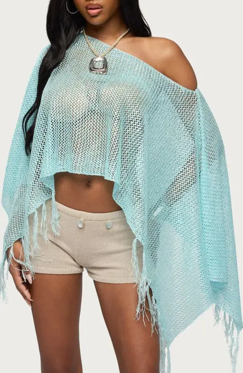 EDIKTED Sequin Fringe Knit Poncho - Light-blue