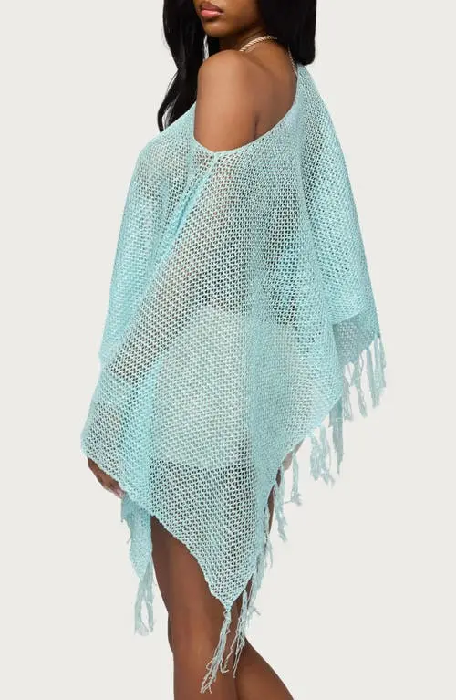 EDIKTED Sequin Fringe Knit Poncho - Light-blue