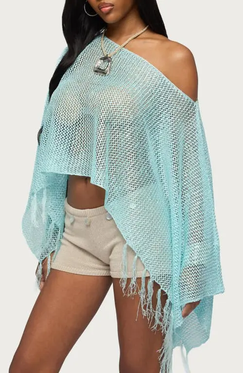 EDIKTED Sequin Fringe Knit Poncho - Light-blue