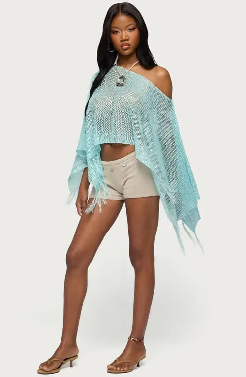 EDIKTED Sequin Fringe Knit Poncho - Light-blue