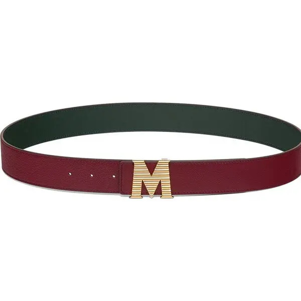 Mcm Claus Fluted M Reversible Belt 1.5" In Embossed Leather - Rouge Burgundy