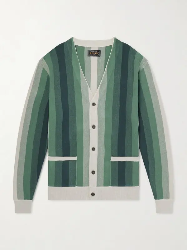BEAMS Striped Cotton Cardigan - Green