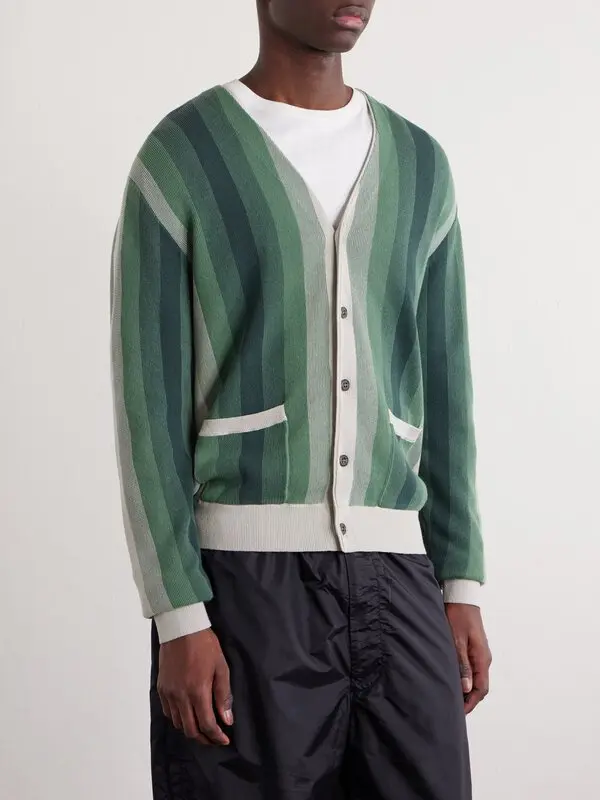 BEAMS Striped Cotton Cardigan - Green