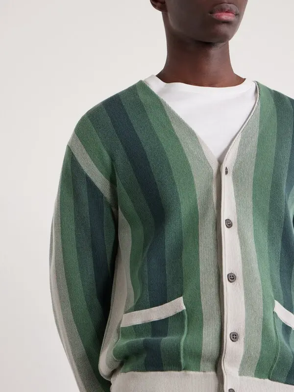 BEAMS Striped Cotton Cardigan - Green