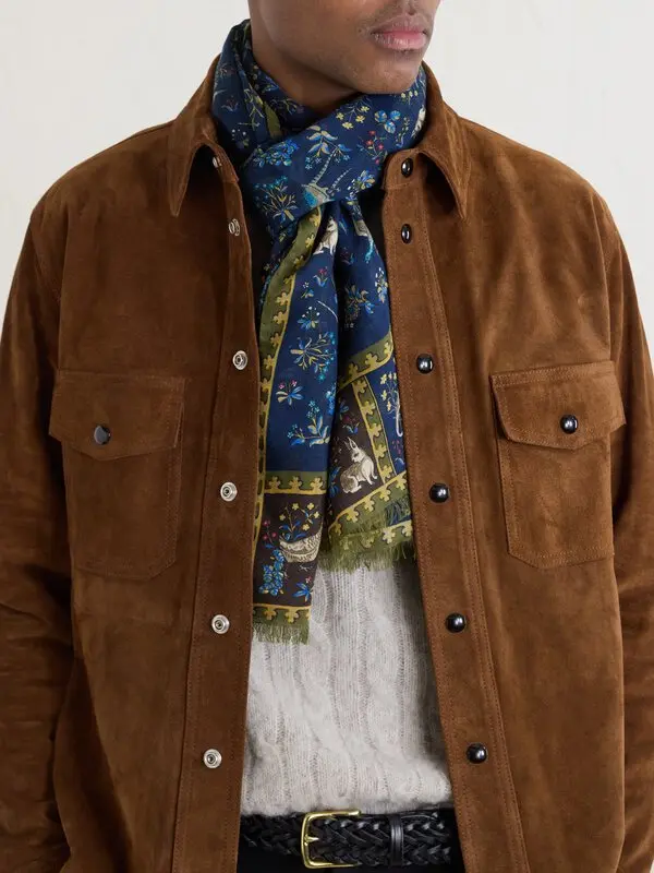 DRAKE'S Fringed Printed Wool And Silk-blend Scarf - Blue